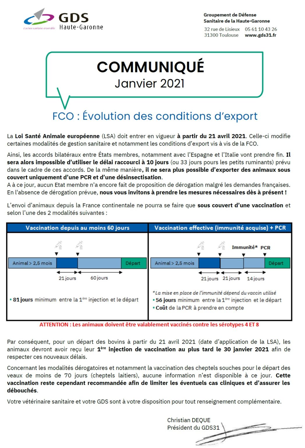 Info FCO – évolution des conditions d’export – GDS31